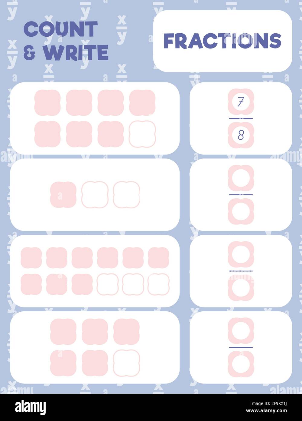 Fractions worksheet, math practice print page. Count and write Stock ...