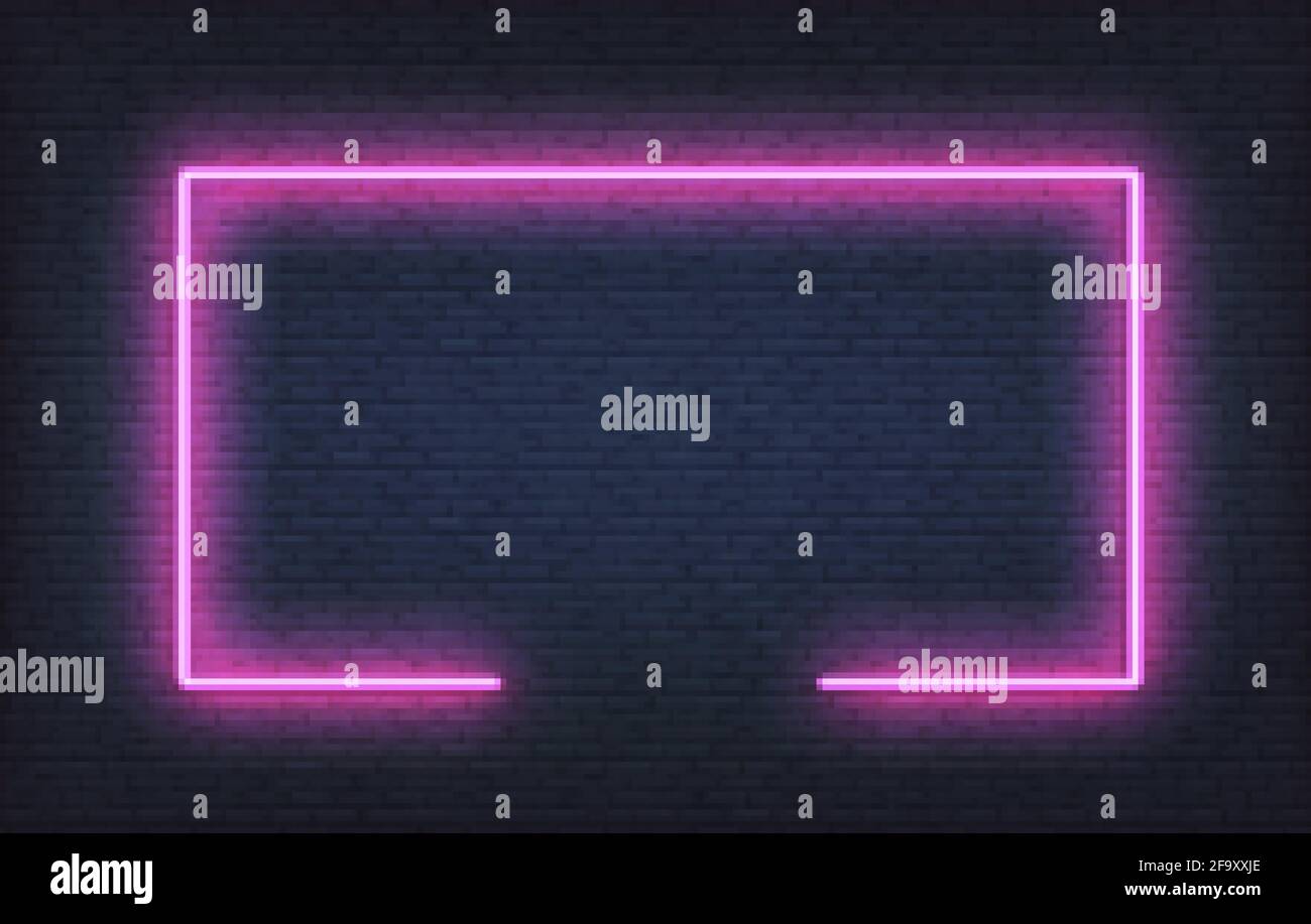 Neon frame sign. Realistic purple signboard glowing design template ...