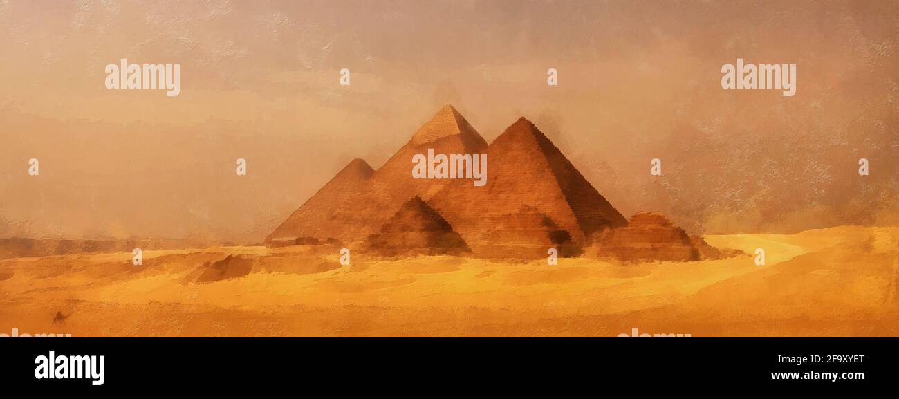 Pyramids of Giza in the sandy desert. Wide panoramic view. Artistic ...