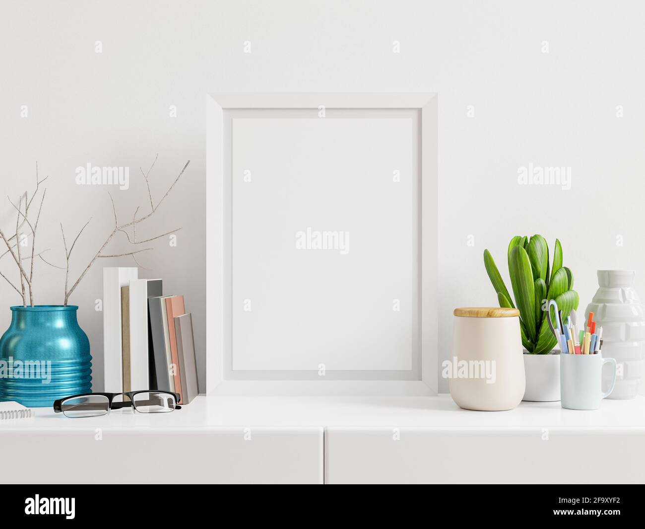 Poster mockup with vertical frame on table and white wall background,3D ...