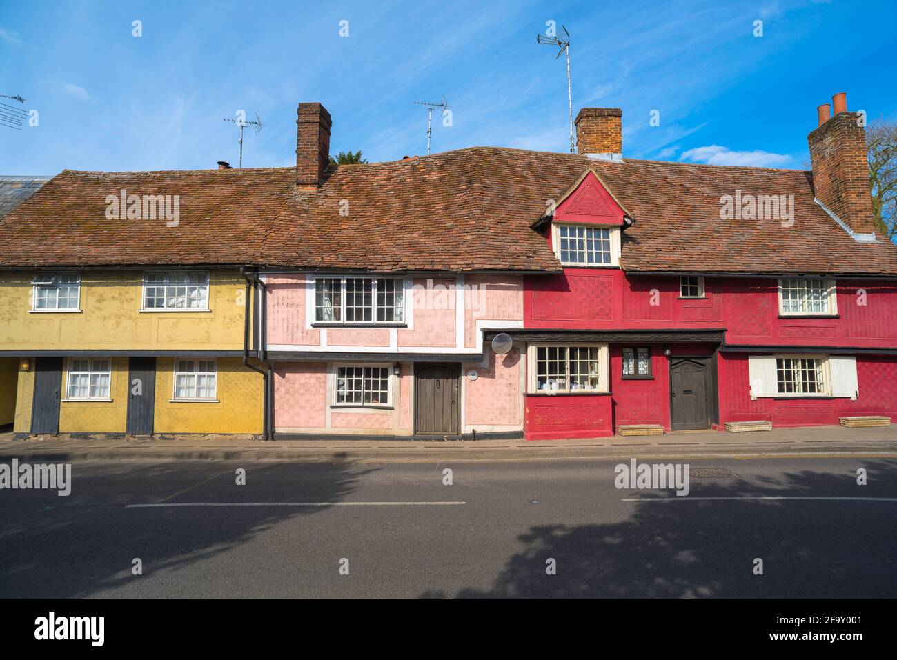 East Anglia house, view of a colourful row of three late medieval ...