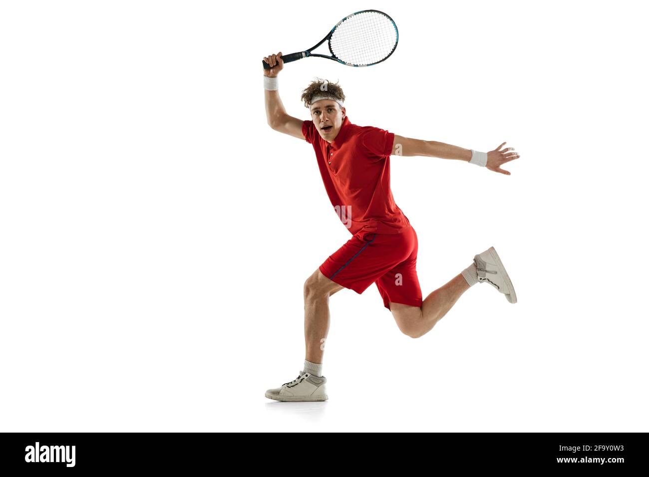 One Caucasian man, professional tennis player isolated on white ...