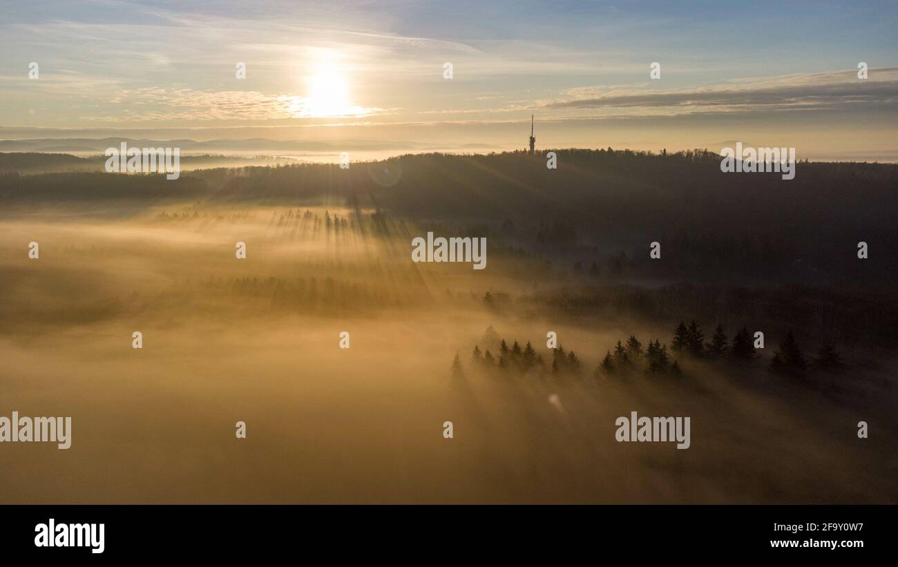Sublime scenery of beautiful sunrise above misty mountains with tall ...