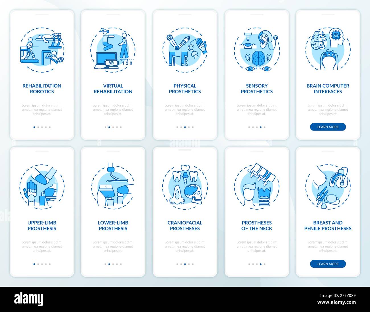Prosthetic recovery onboarding mobile app page screen with concepts set ...
