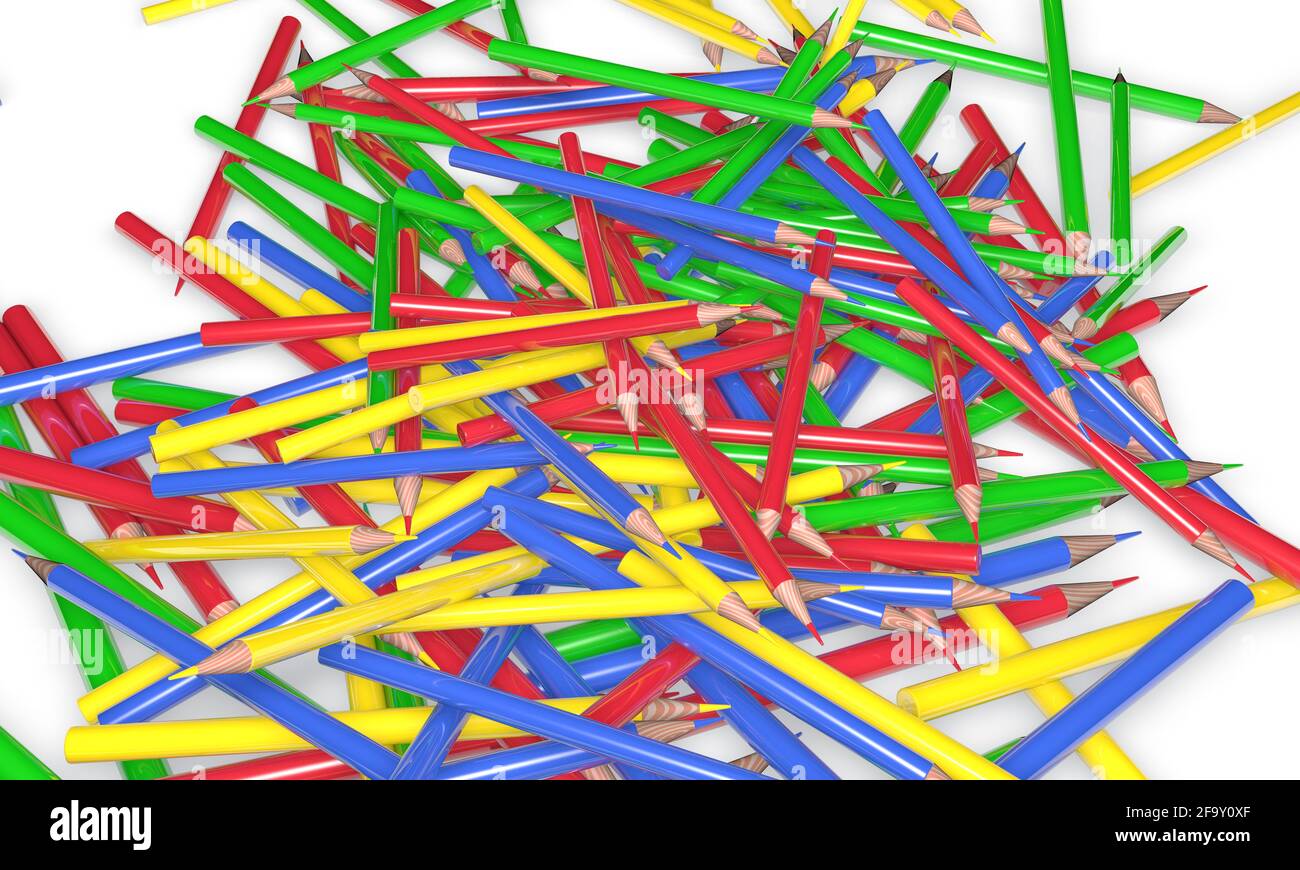 3d illustration of colored pencils falling from above accumulating on ...