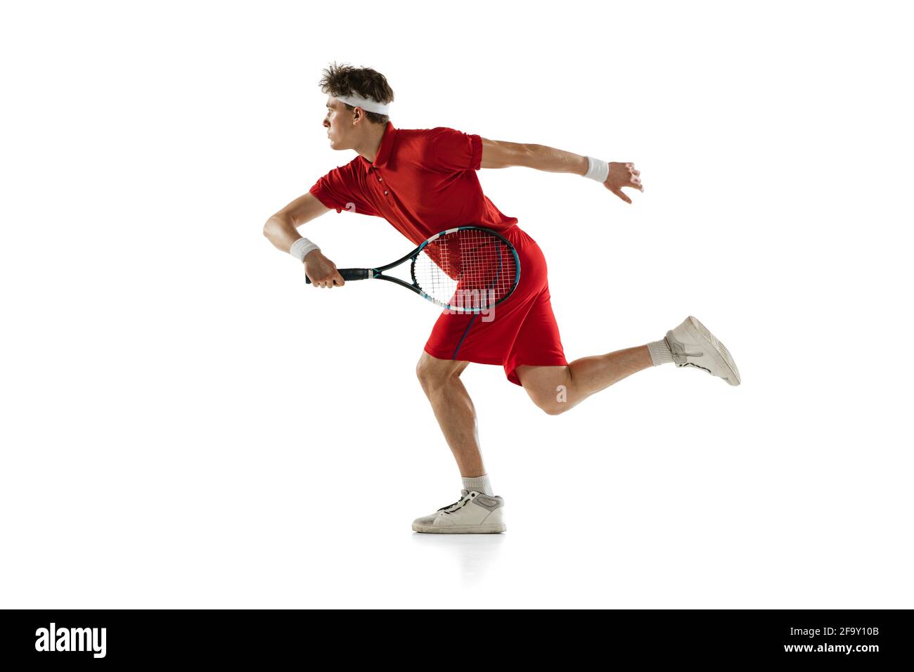 One Caucasian man, professional tennis player isolated on white ...
