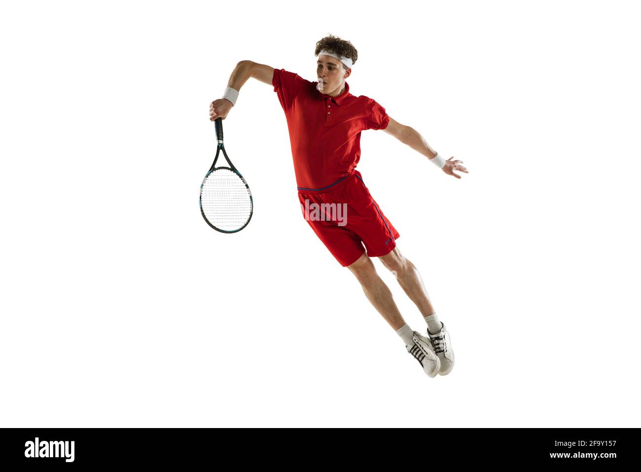 One Caucasian man, professional tennis player isolated on white ...