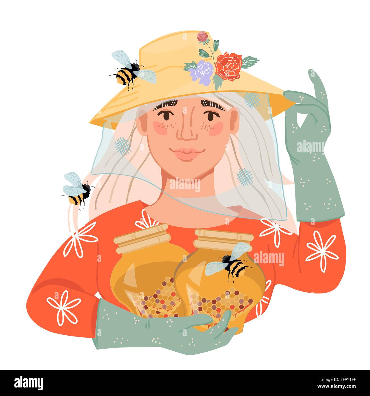 Beekeeper female character in a bee protection suit with jar of honey ...
