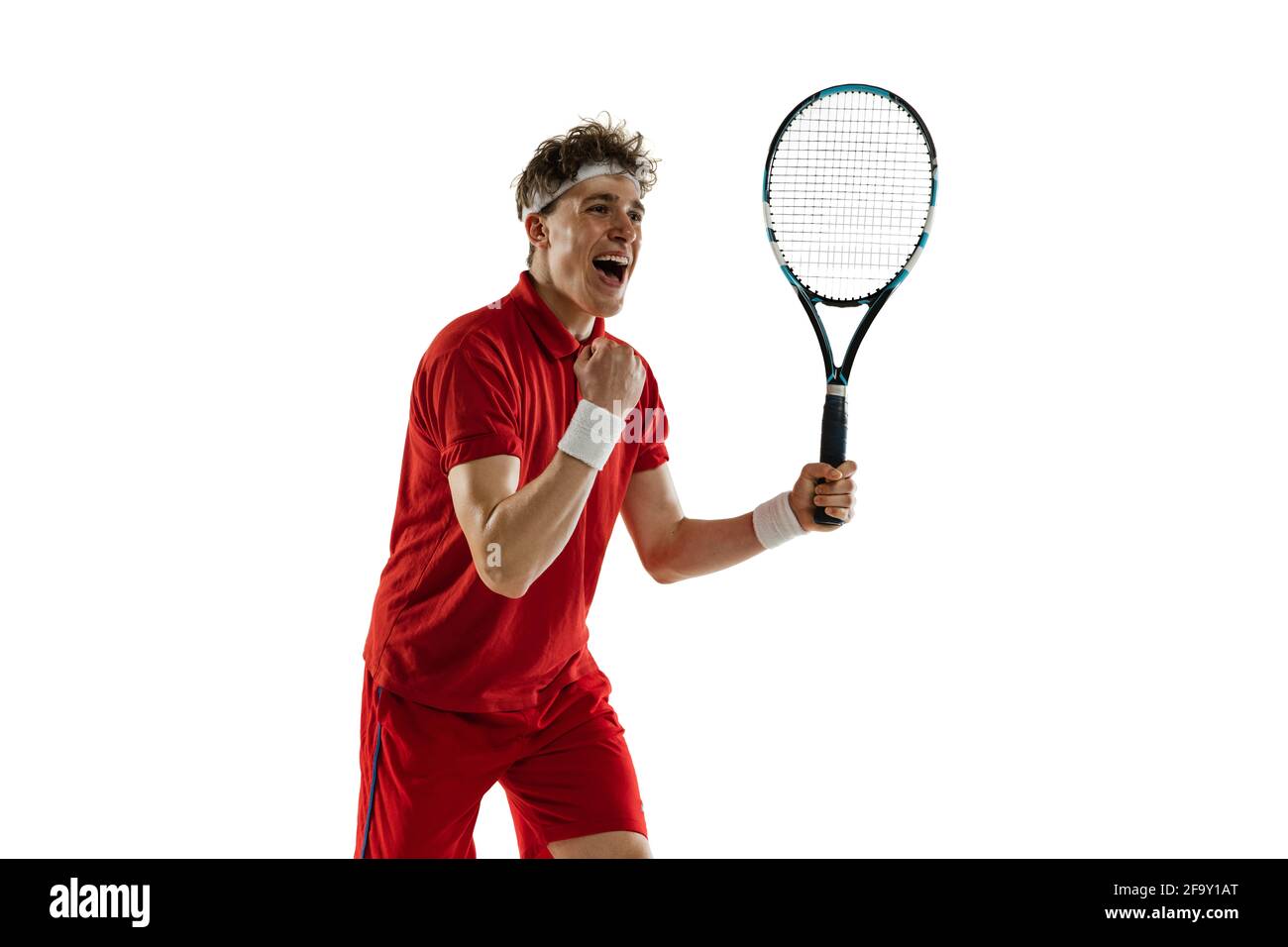 One Caucasian man, professional tennis player isolated on white ...