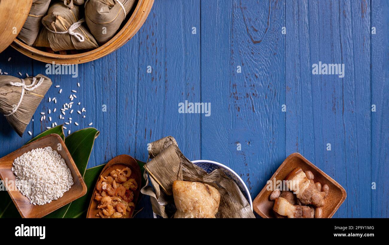 Zongzi rice dumpling with ingredients top view for Chinese traditional ...