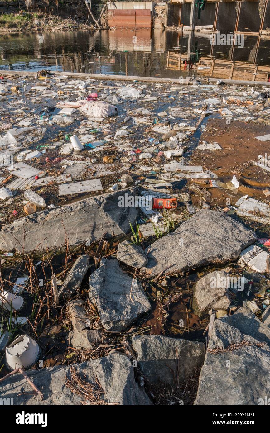 Garbage and trash collects in urban river causing a back up of ...
