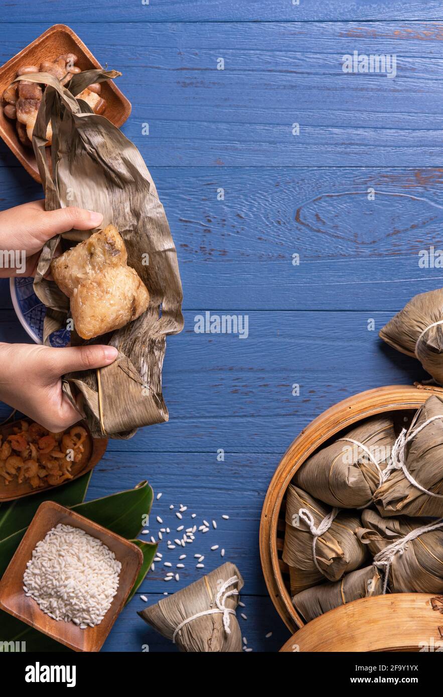 Zongzi rice dumpling with ingredients top view for Chinese traditional ...