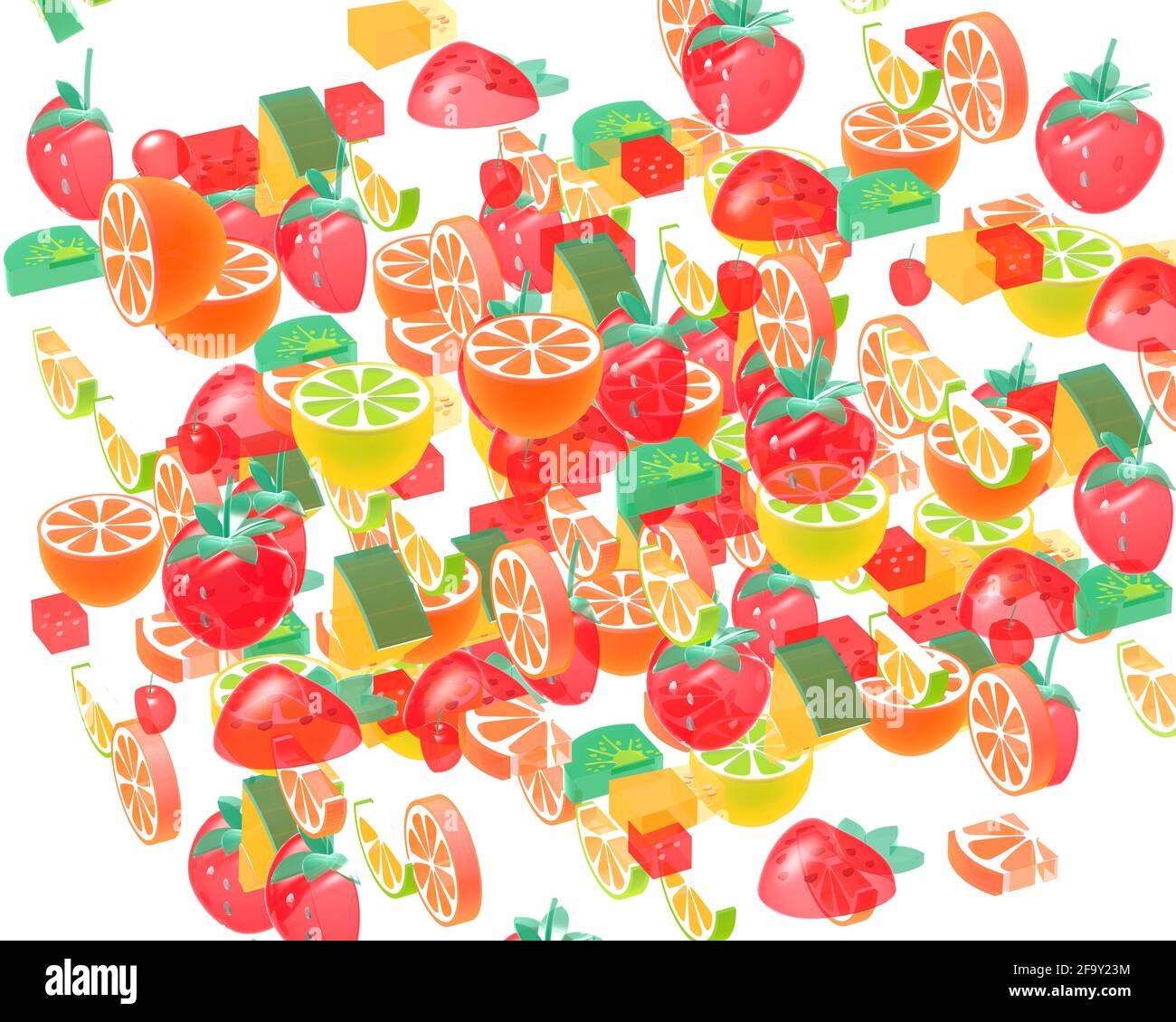 3d illustration of several fruits placed in the space in an orderly way ...