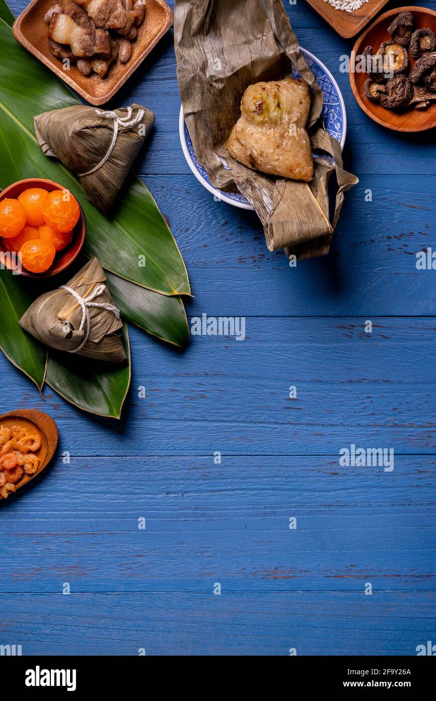Zongzi rice dumpling with ingredients top view for Chinese traditional ...