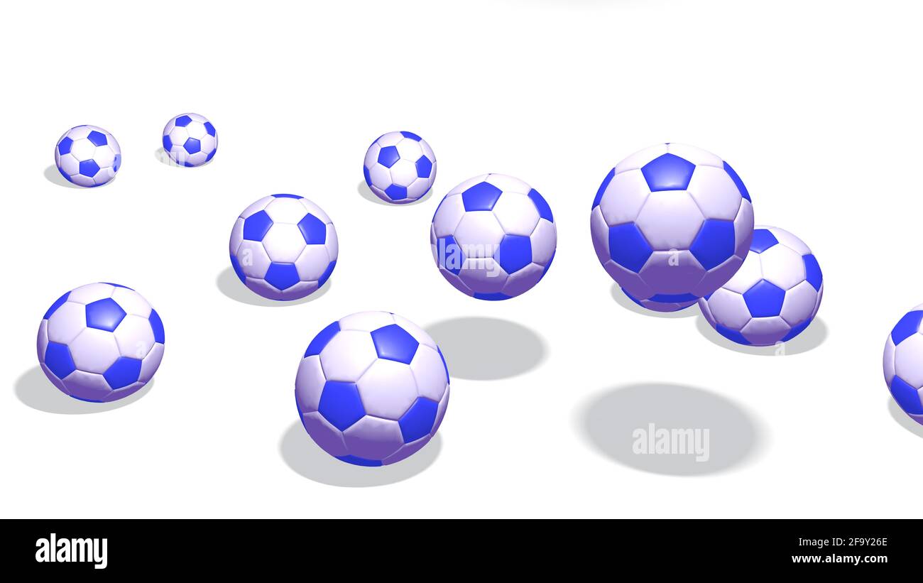 3D illustration of various soccer sport balls. Falling to the ground ...