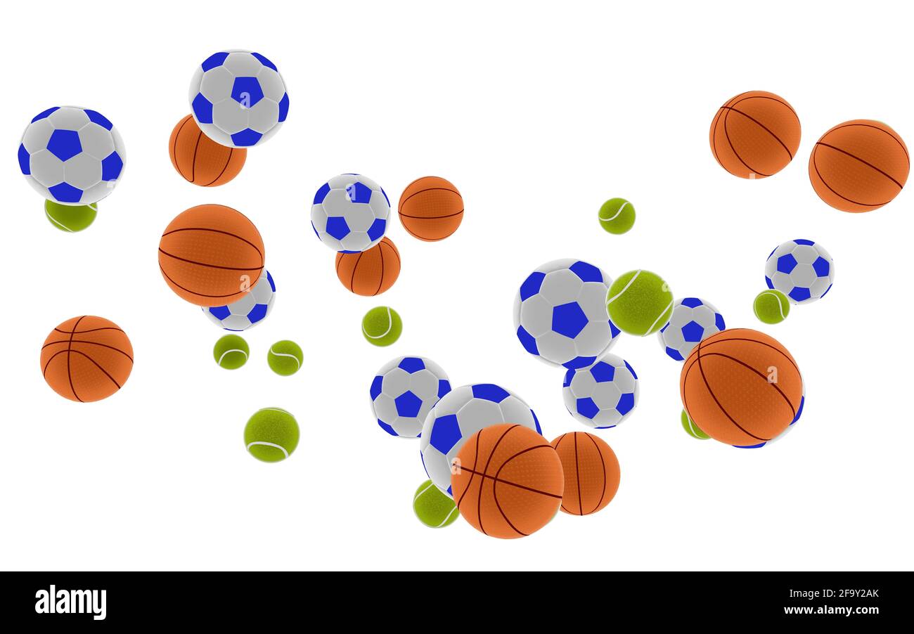 3D illustration of balls of various sports, soccer, basketball, tennis ...