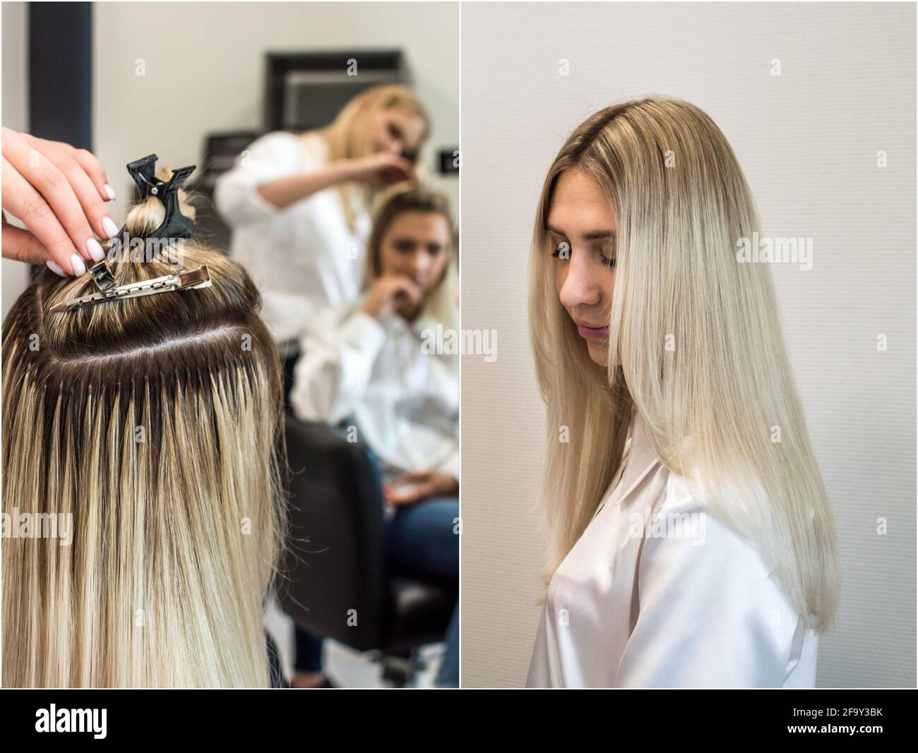 master makes hair extensions to a woman. Close-up of the process Stock ...