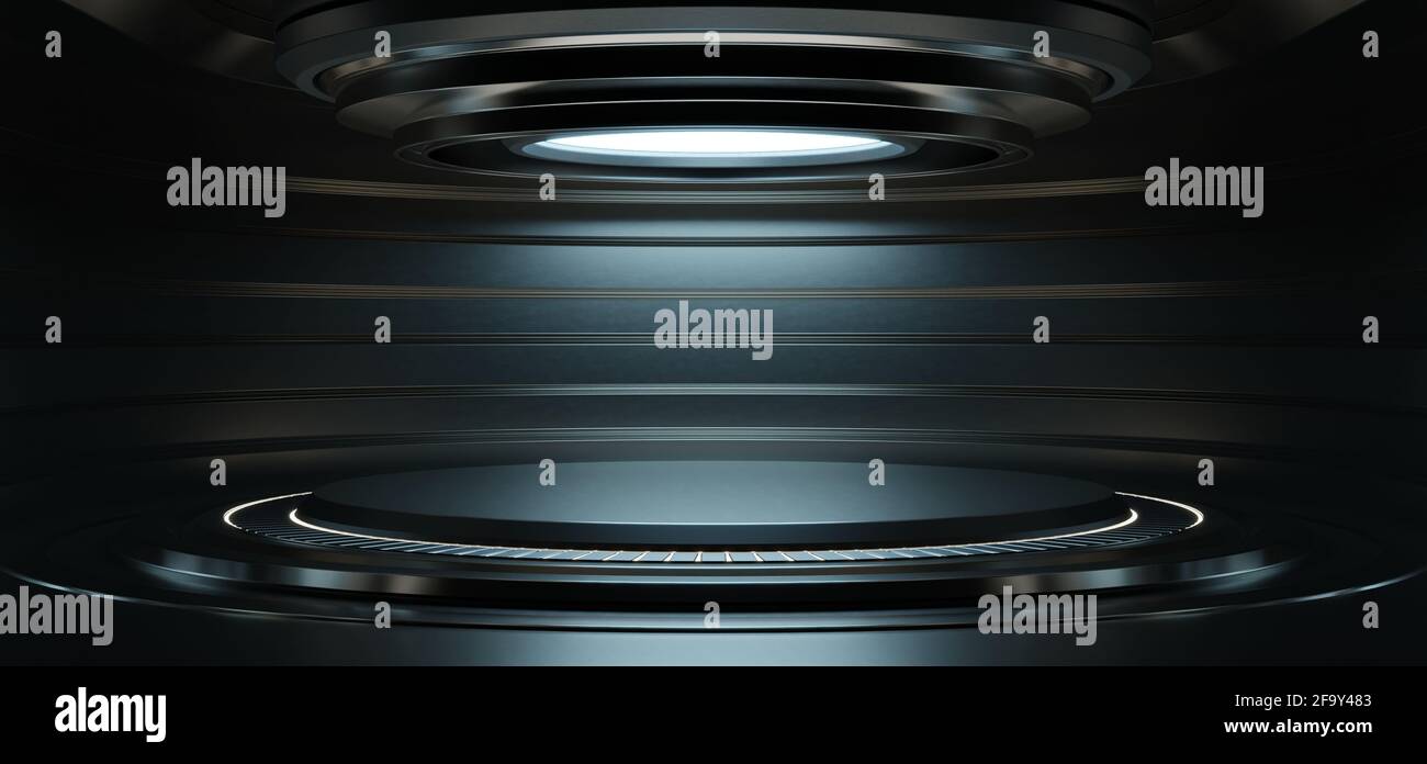 Empty light blue studio room futuristic Sci Fi big hall room with ...