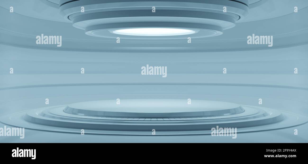 Empty light white studio room futuristic Sci Fi big hall room with ...