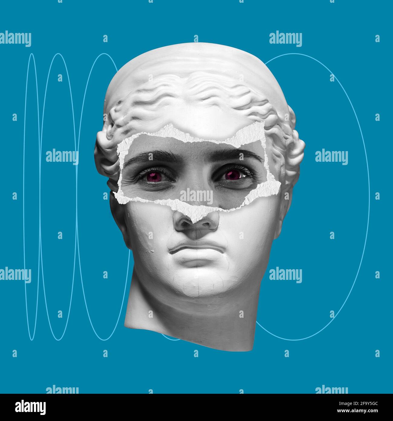 Contemporary art collage with antique statue head in a surreal style ...