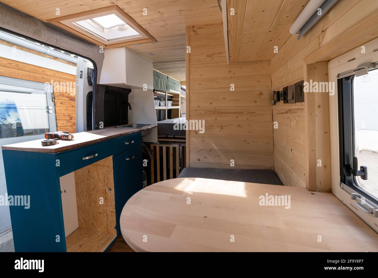 interior view of a self-build camper van in the finishing stages Stock ...
