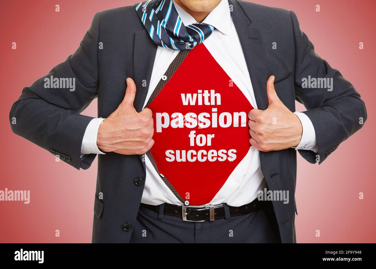 Man in suit opens shirt and wears slogan with passion for success ...