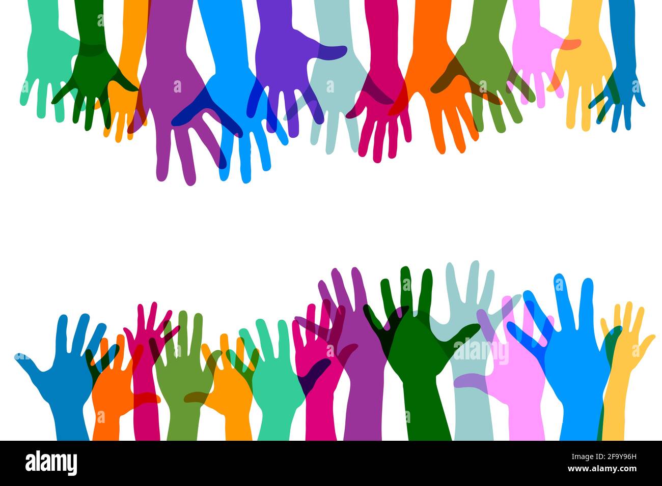 Many colorful transparent hands of children and adults as a group and ...