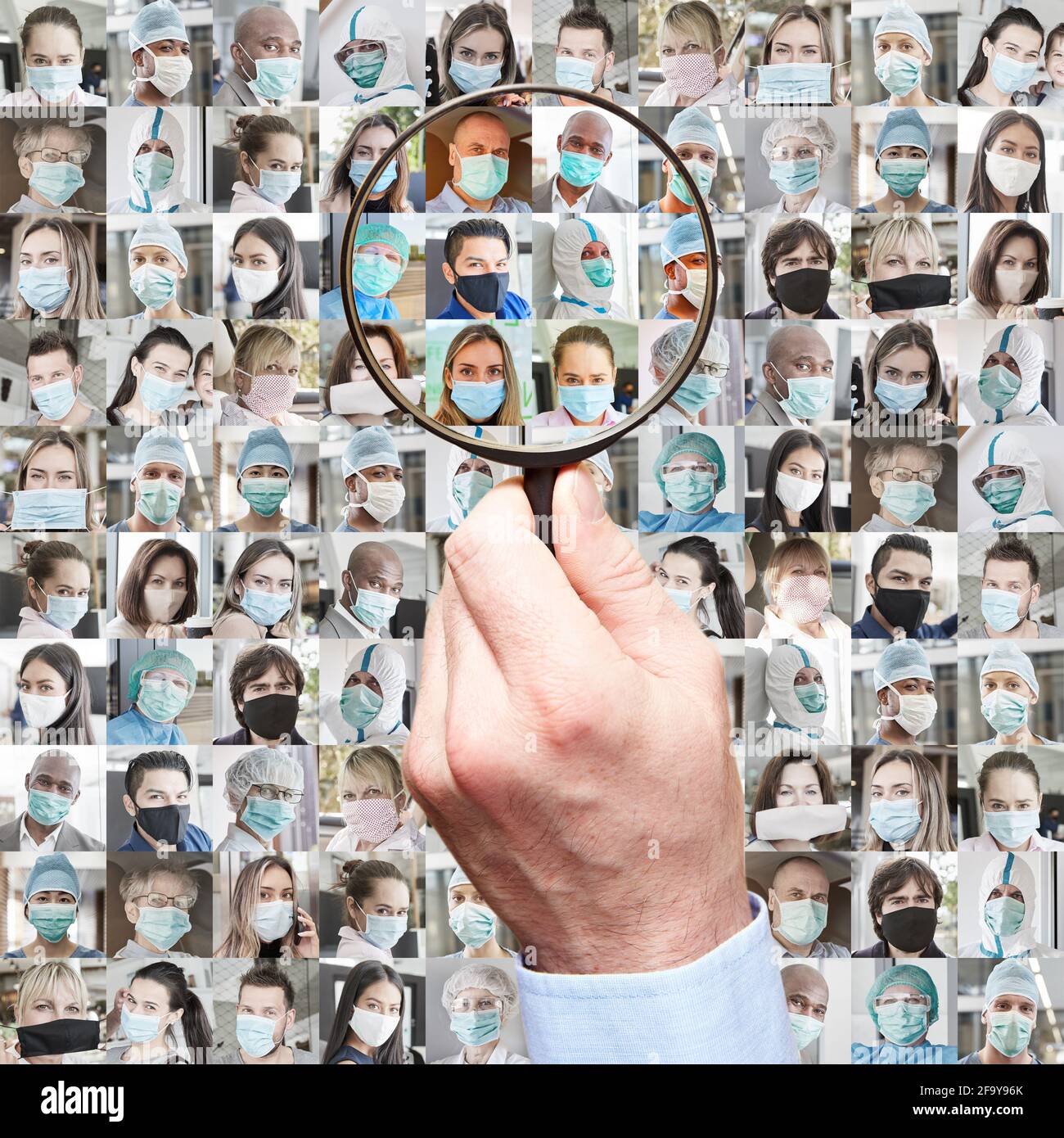 Hand with magnifying glass over portrait collage of people and doctors ...