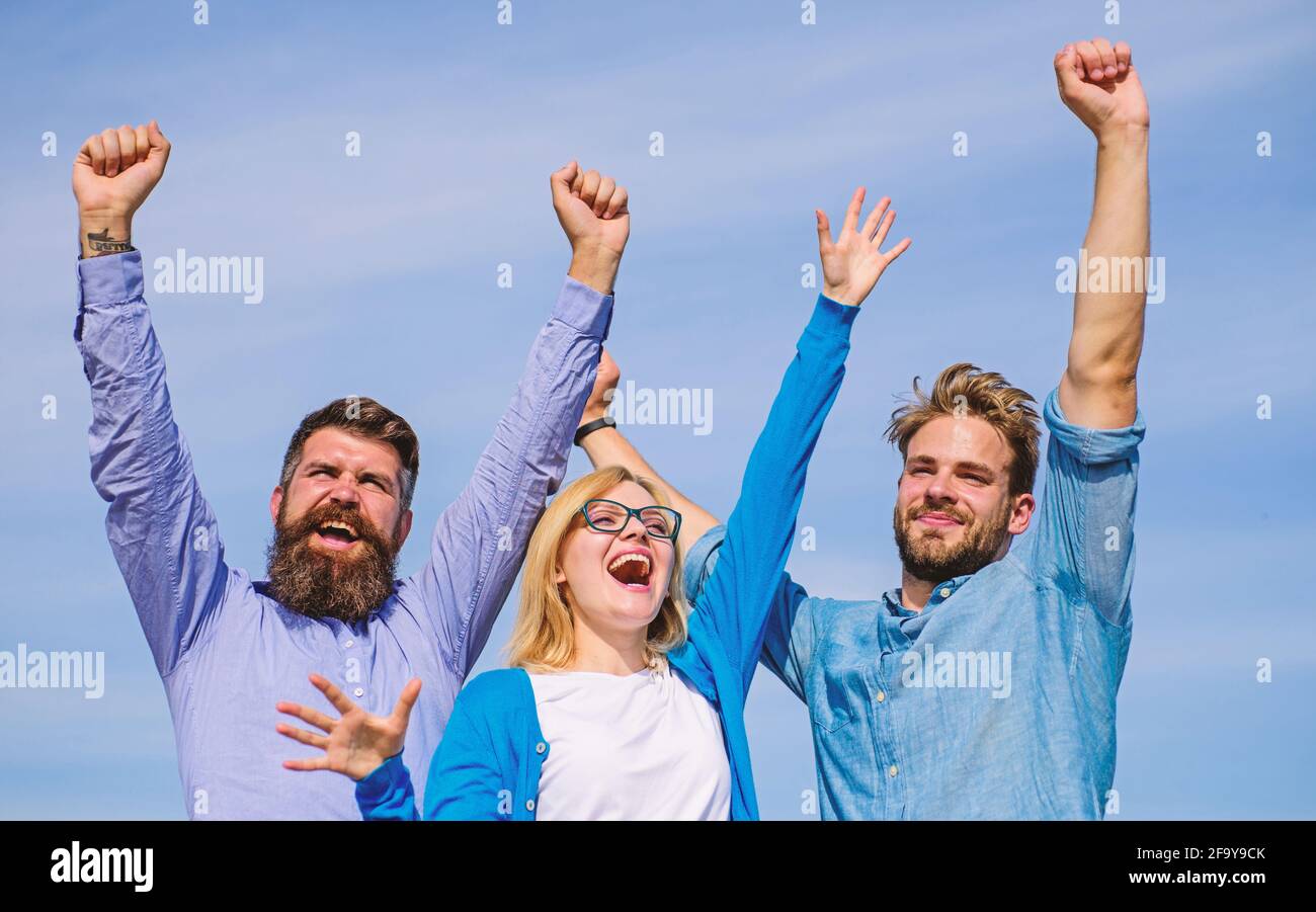 Employees enjoy feeling of freedom. Freedom concept. Men with beard in ...