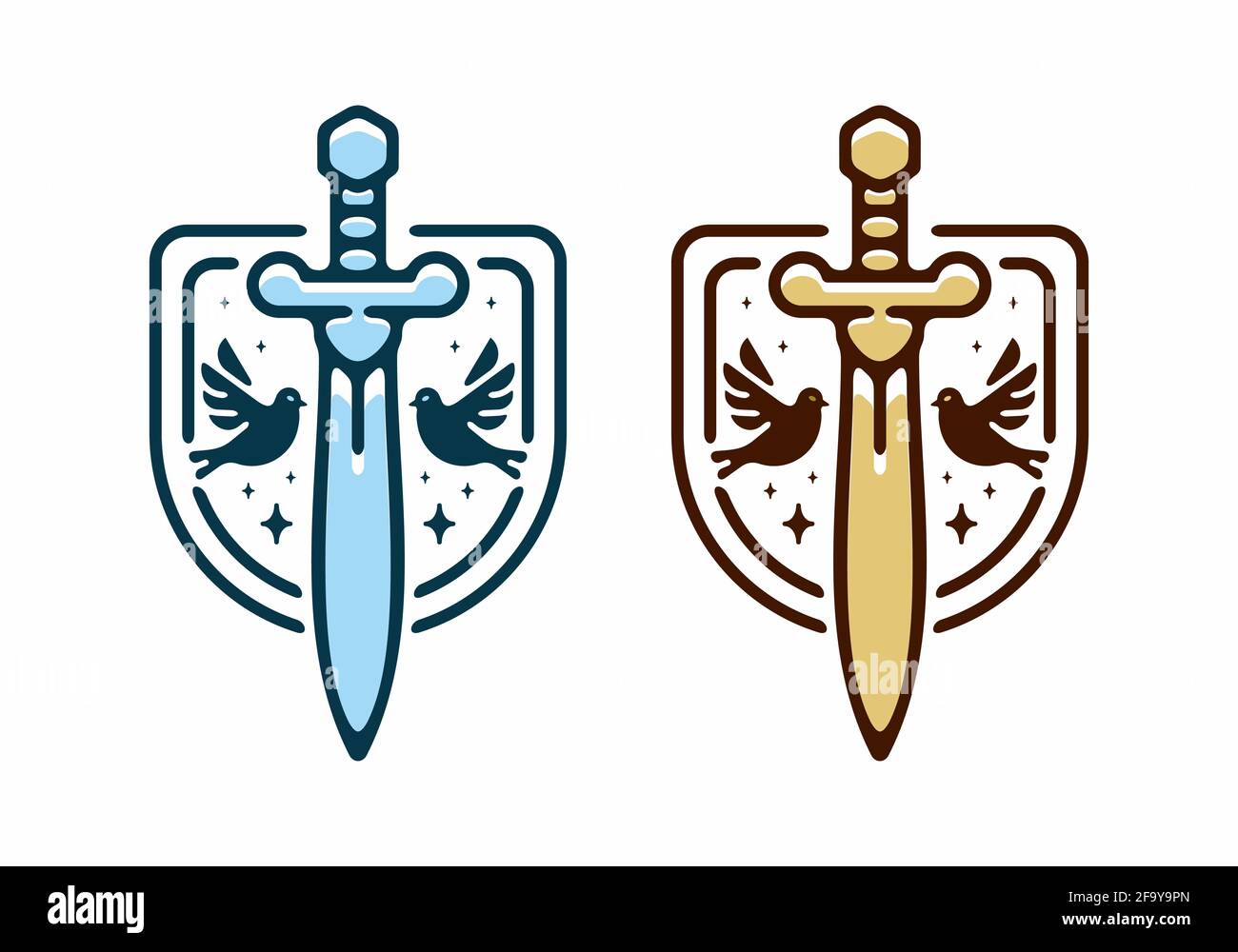 Blue and brown color of sword and shield flat illustration design Stock ...
