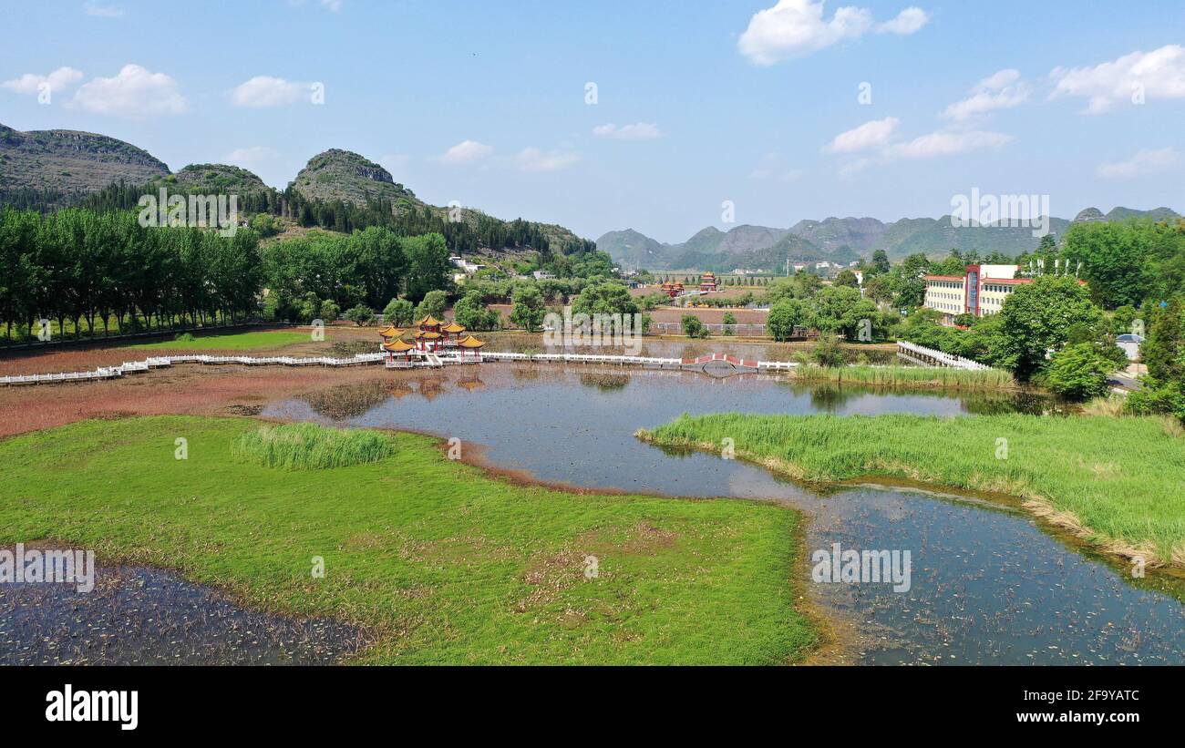 ANLONG, CHINA - APRIL 21, 2021 - Aerial view of Zhaodi National Wetland ...