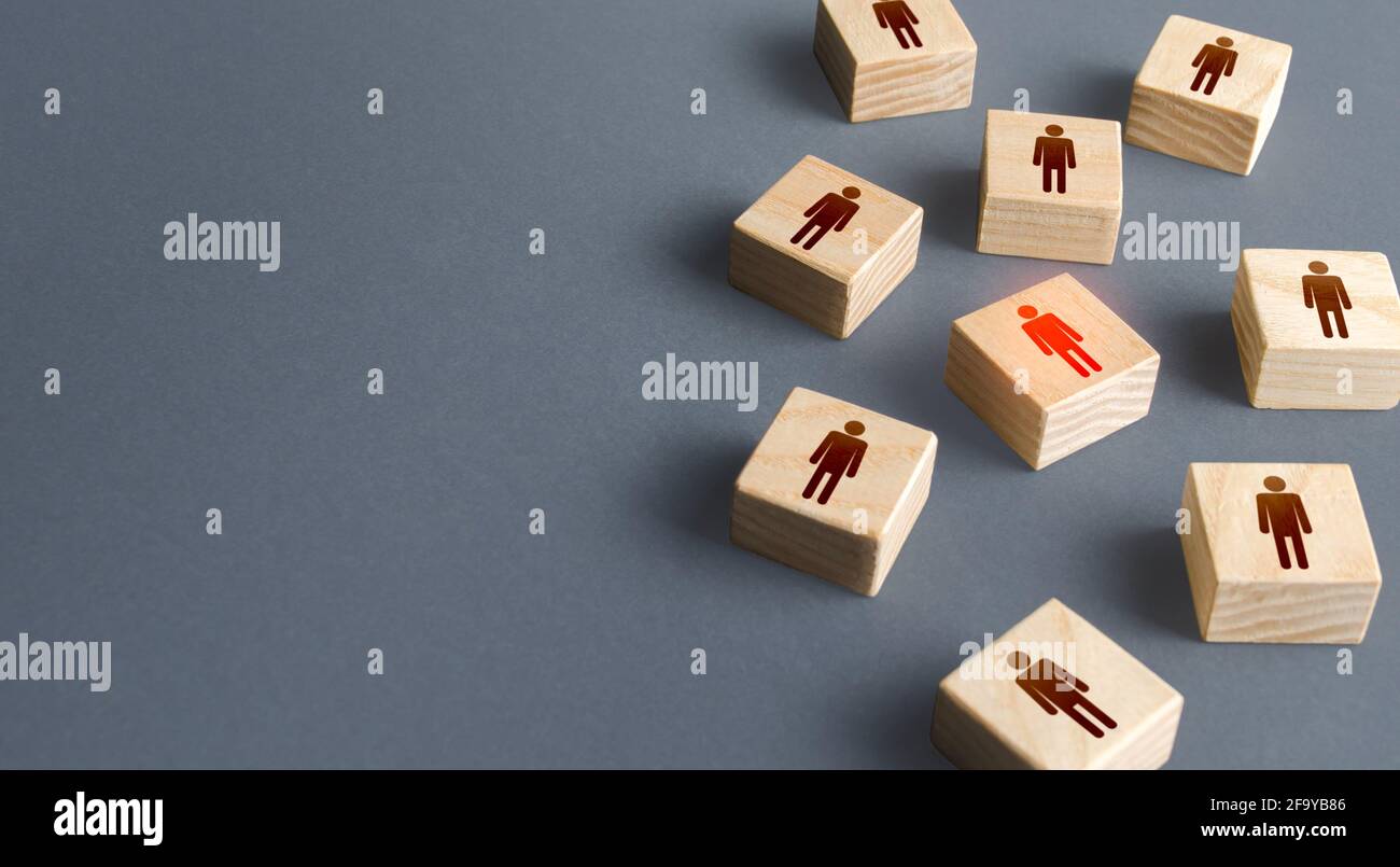 Red highlighted man among randomly people blocks. Recruiting, staffing ...