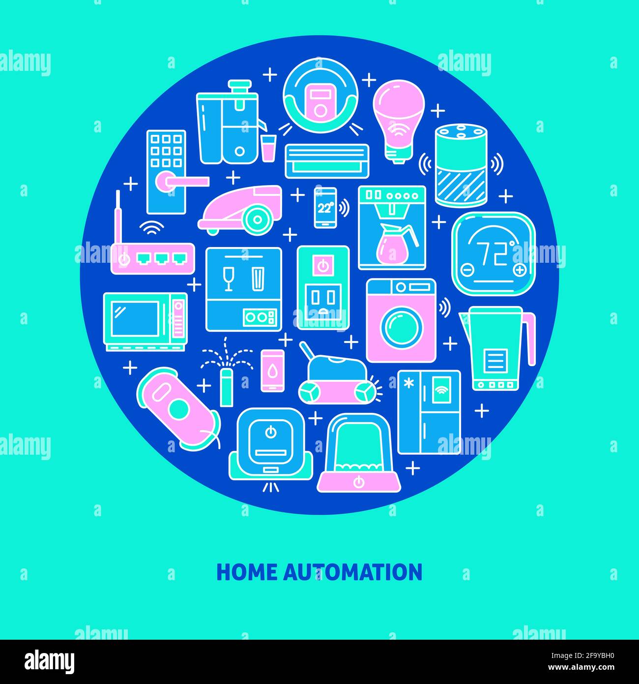 Automated home round concept poster template with robotic things ...