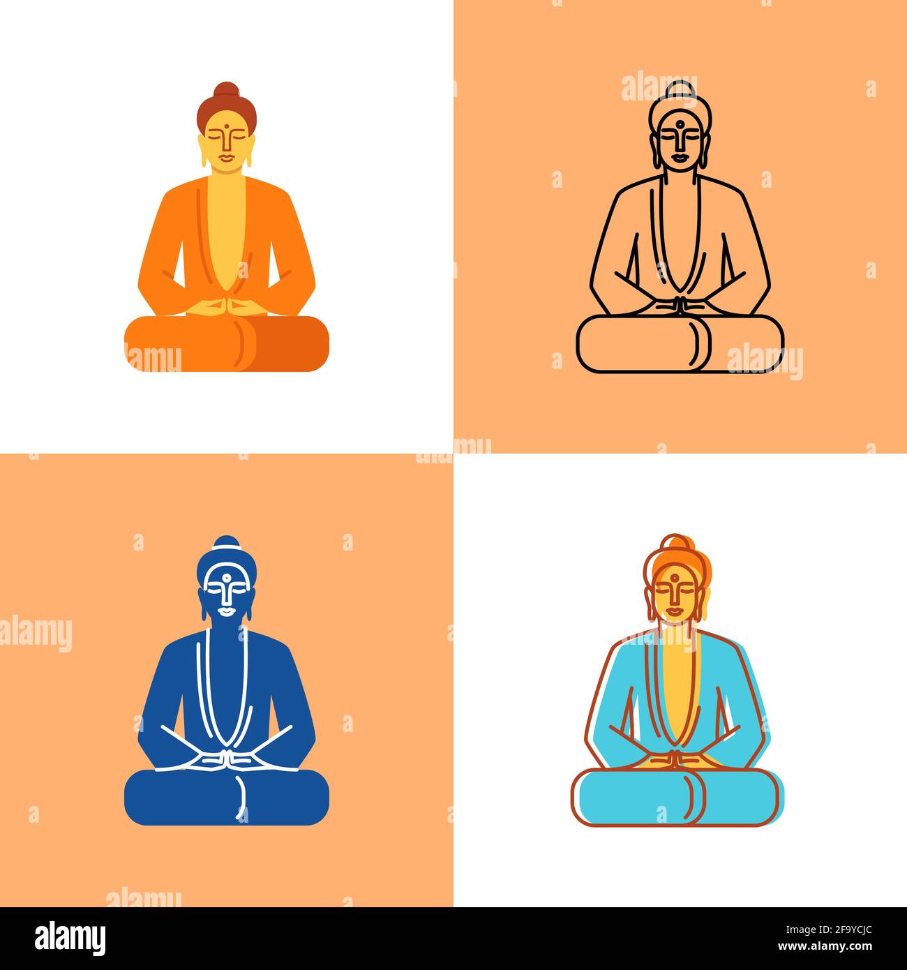 Meditating Buddha icon set in flat and line styles. Asian religion ...