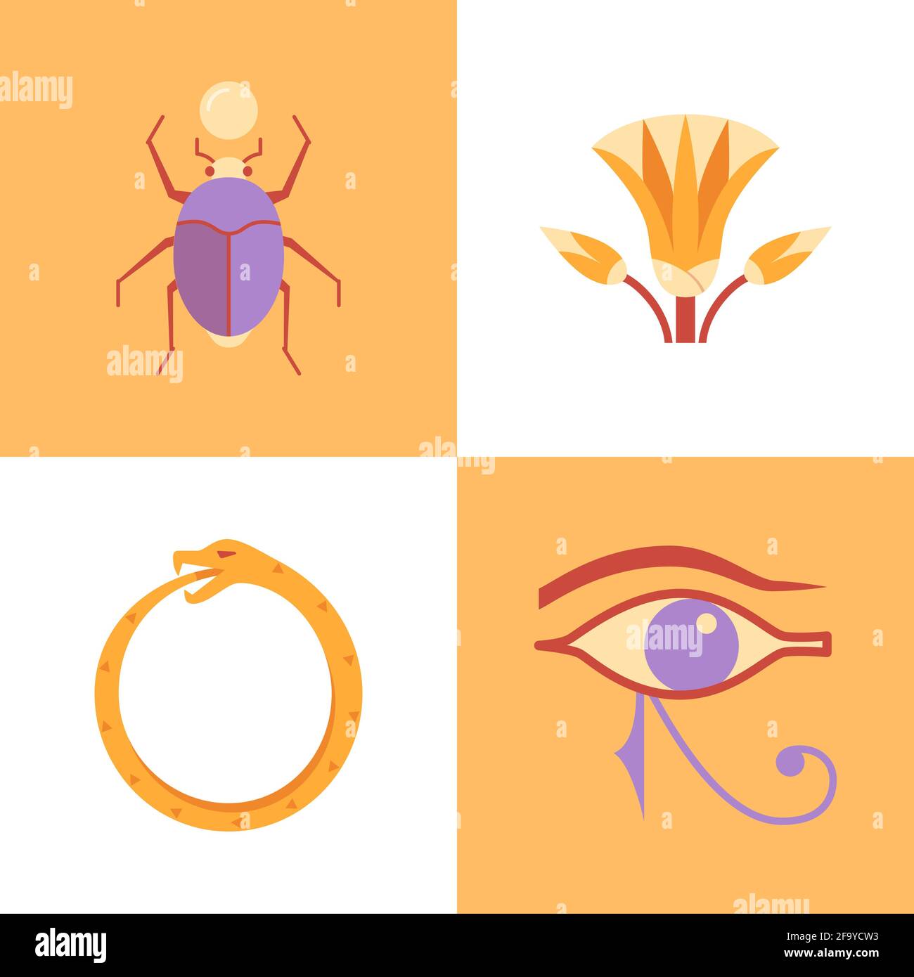 Ancient Egyptian sacred symbols icon set in flat style. Scarab beetle ...