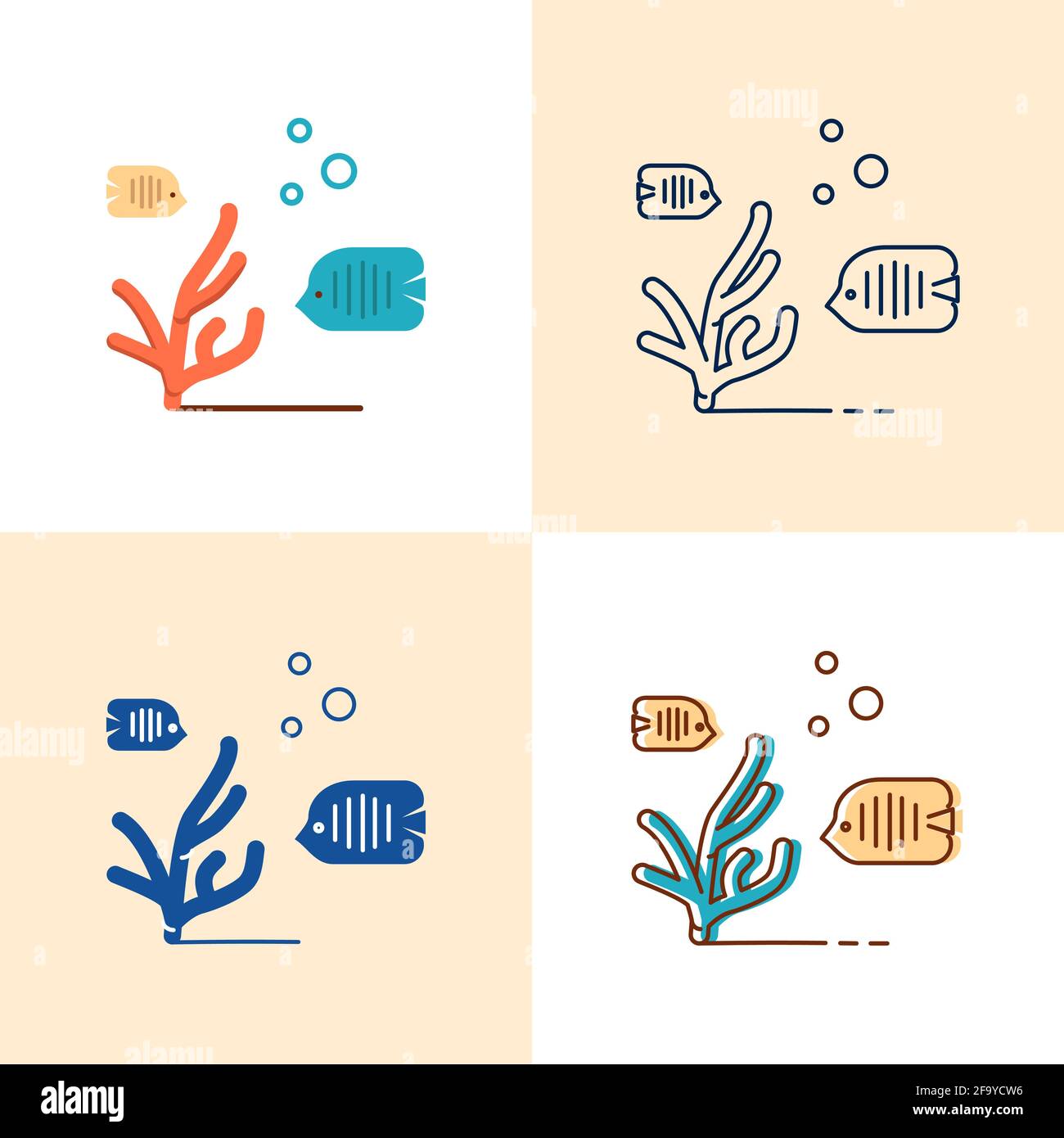Sea coral and fish icon set in flat and line style. Underwater flora ...