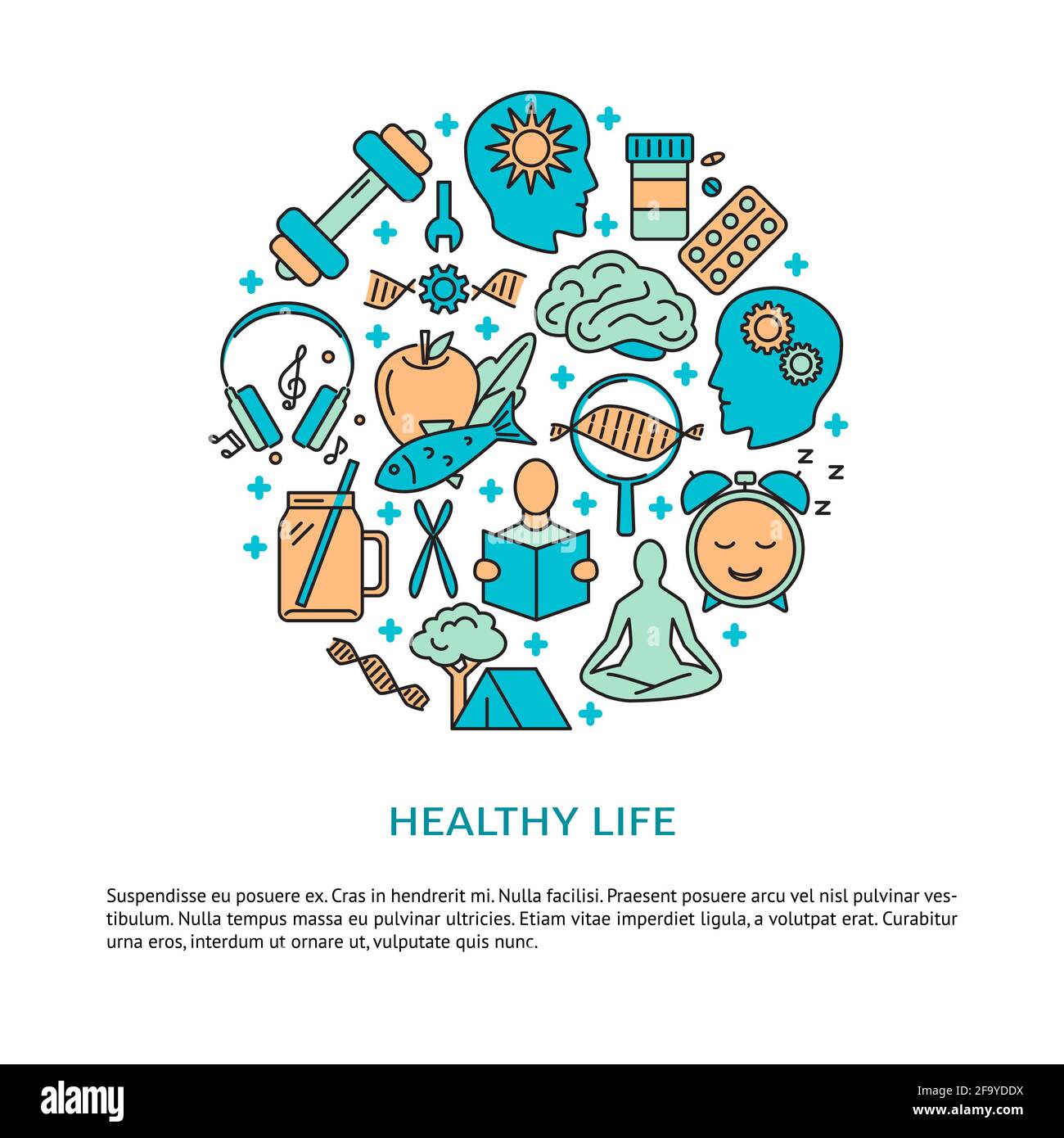 Healthy lifestyle round concept banner with icons in colored line style ...