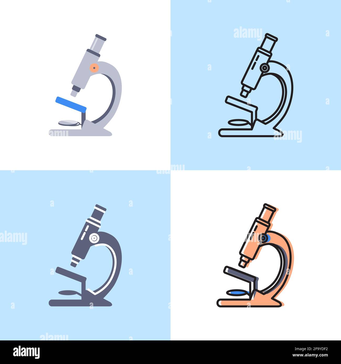 Microscope icon set in flat and line styles. Scientific equipment ...