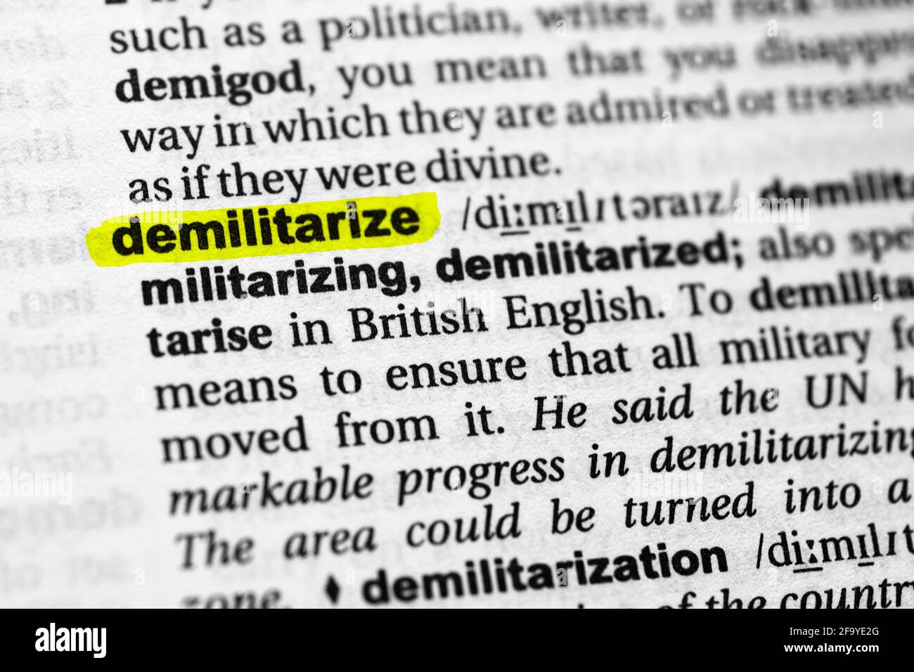 Highlighted word demilitarize concept and meaning Stock Photo - Alamy