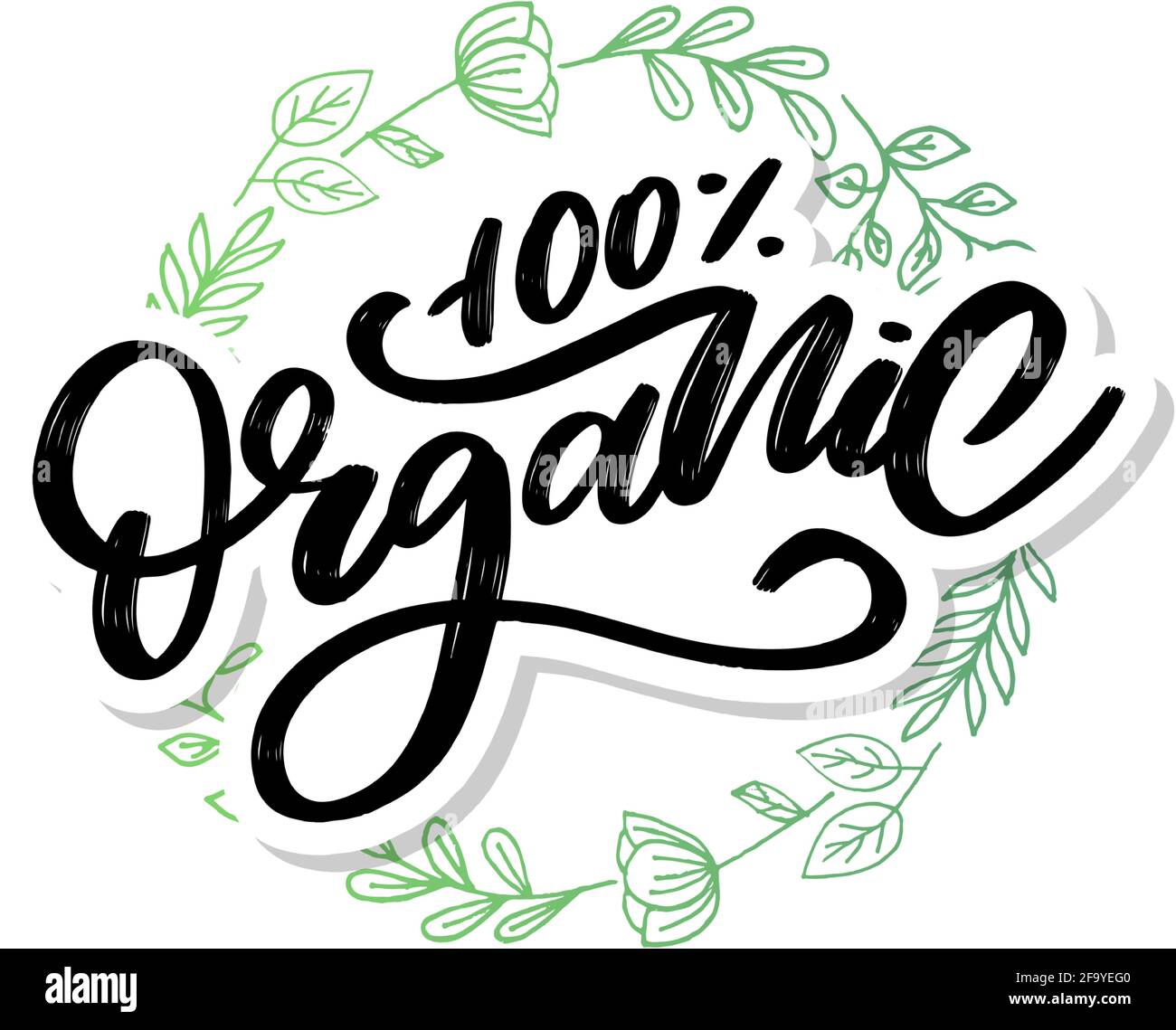 Organic brush lettering. Hand drawn word organic with green leaves ...