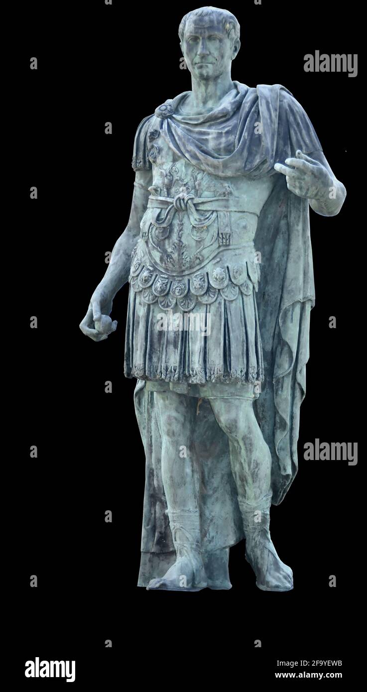 Ancient Roman statue of the Roman Julius Caesar in bronze, against a ...