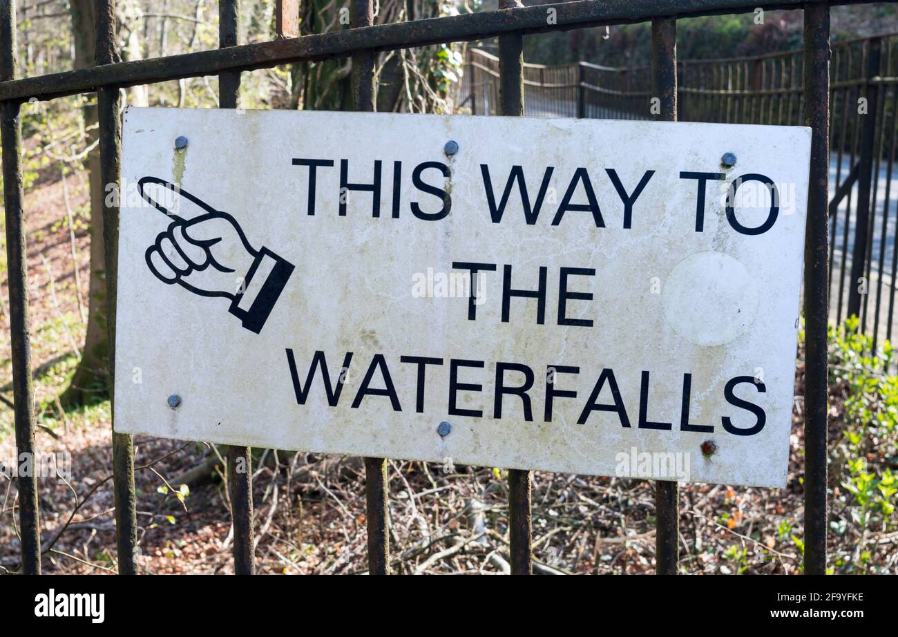 Sign with hand pointing to the Waterfalls, Stock Ghyll Force, in ...