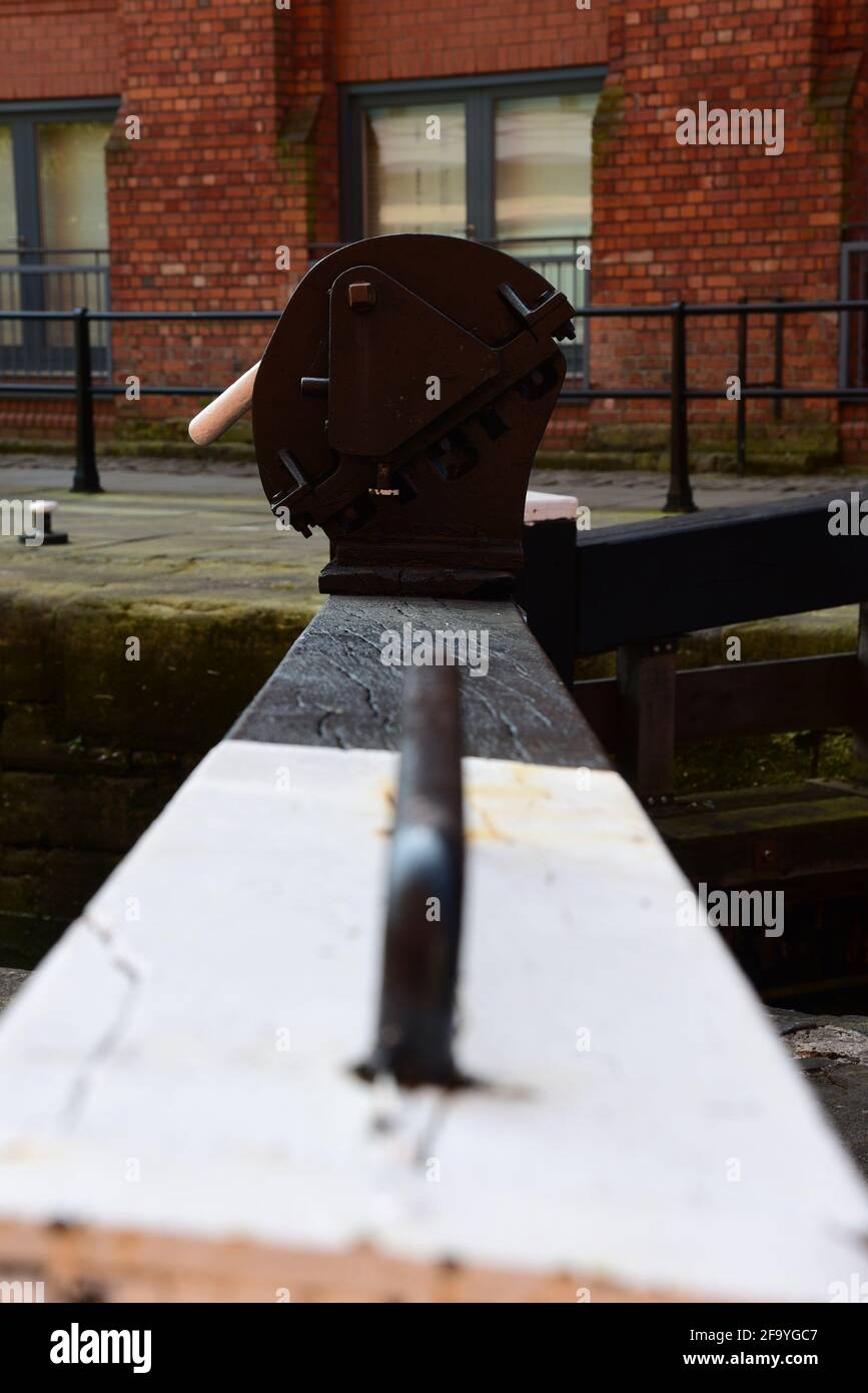 Canal lock gates machinery Stock Photo - Alamy