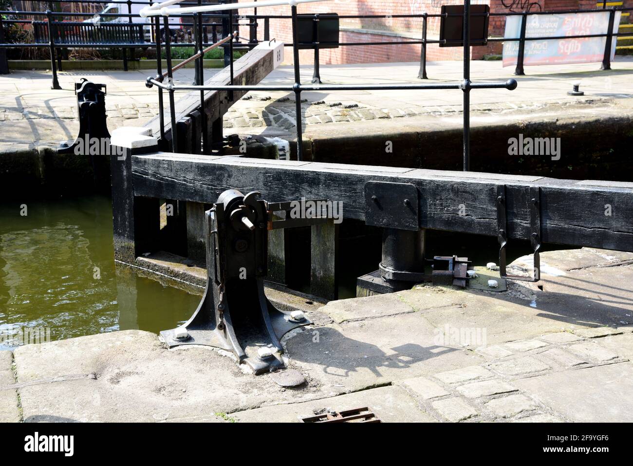 Canal lock gates machinery Stock Photo - Alamy