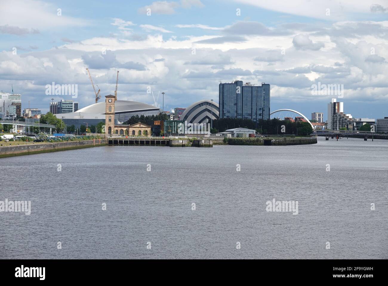 The Glasgow, Scotland West End cityscape from River Clyde is shown from ...