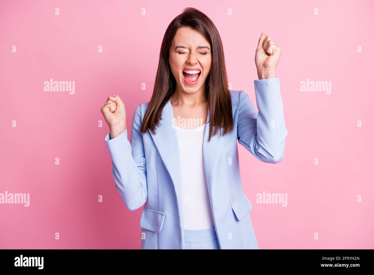 Portrait of hooray pretty brunette lady hands fists yell wear formal ...