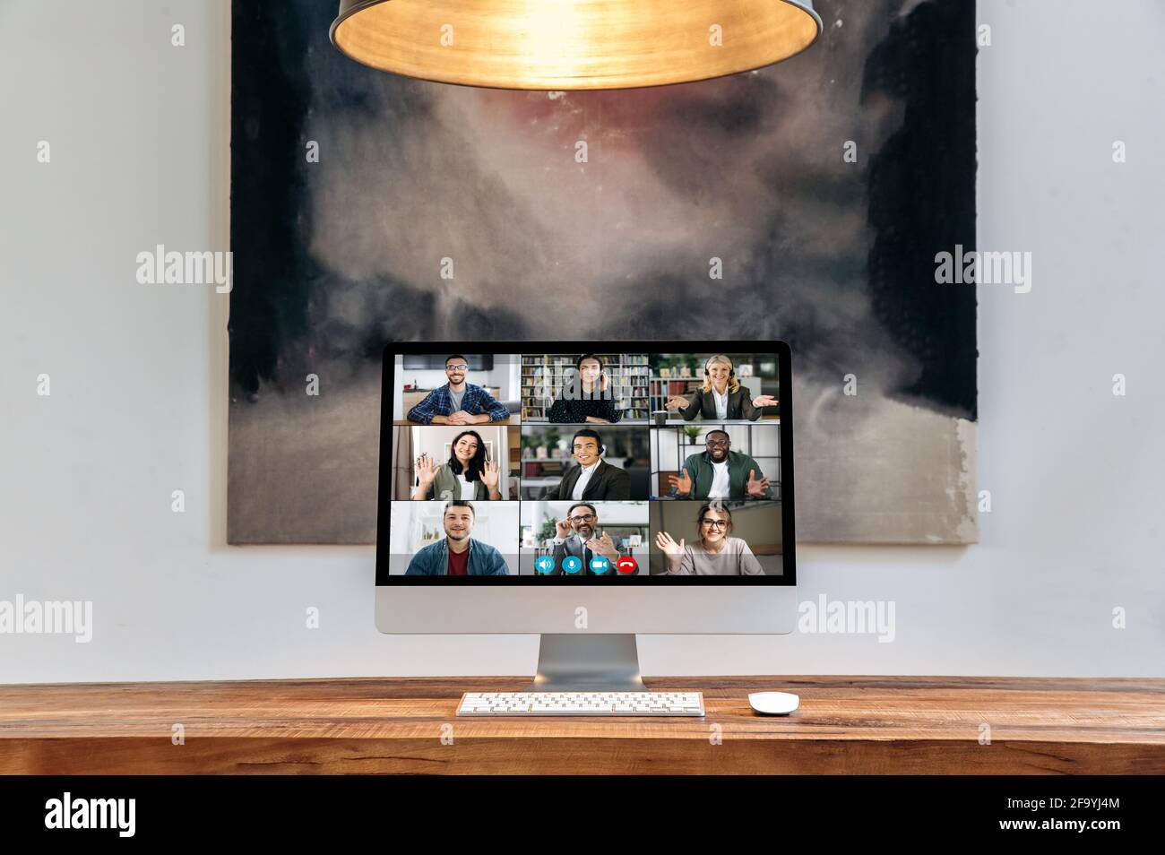 Online video conference communication. View of a computer monitor with ...