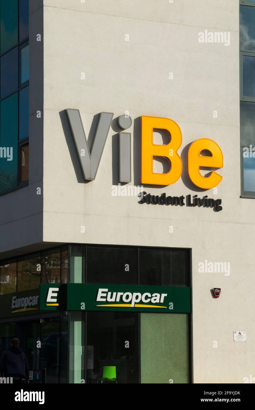 ViBe / Vi Be Student living logo on an accommodation block. Cambridge ...