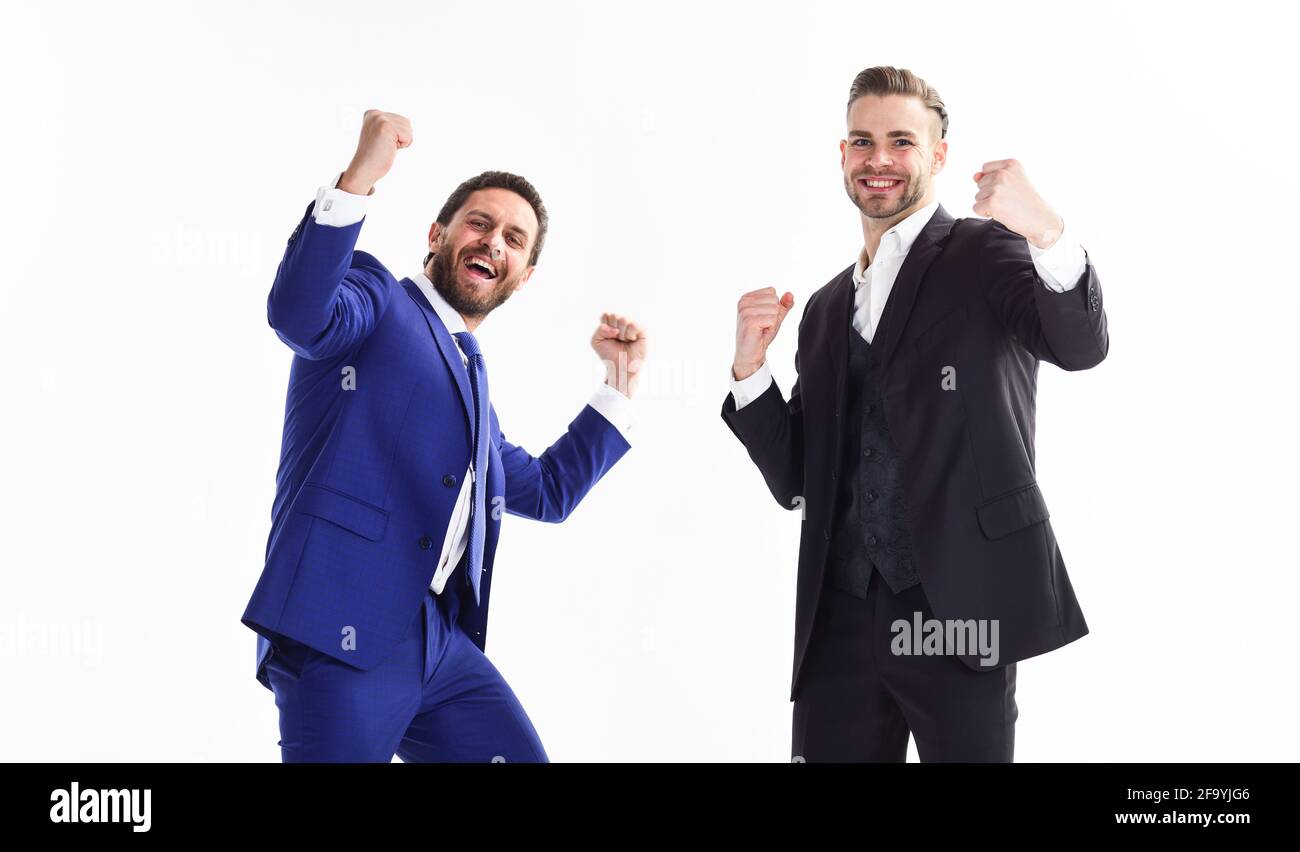 Men happy emotional celebrate profitable deal. Launch own business ...