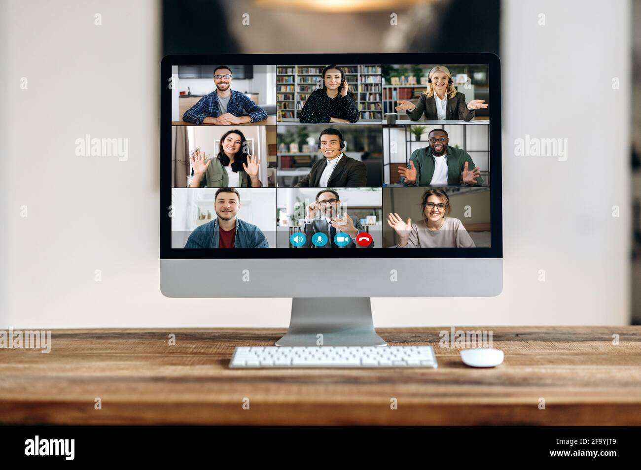 Online video conference communication. View of a computer monitor with ...